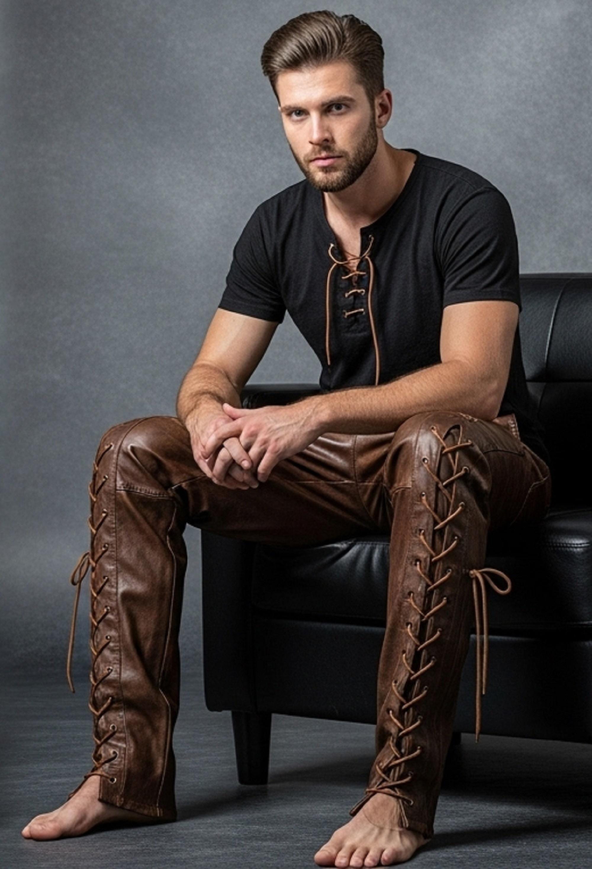 Men's Gothic Brown Leather Lace-up Pants - Viking Renaissance LARP ...