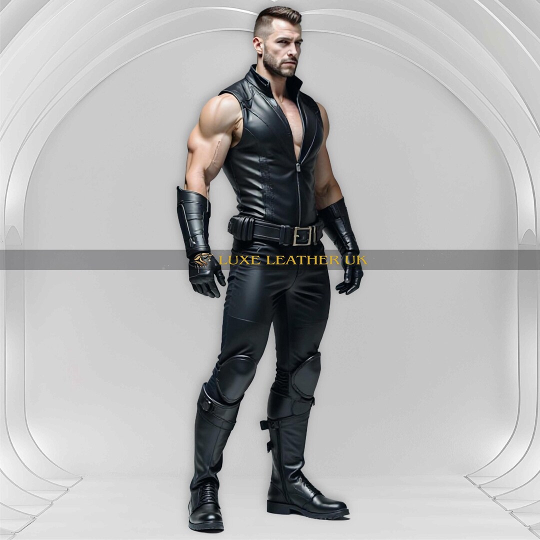 Men's Black Leather Superhero Costume - Muscle Fit Sleeveless Jumpsuit ...