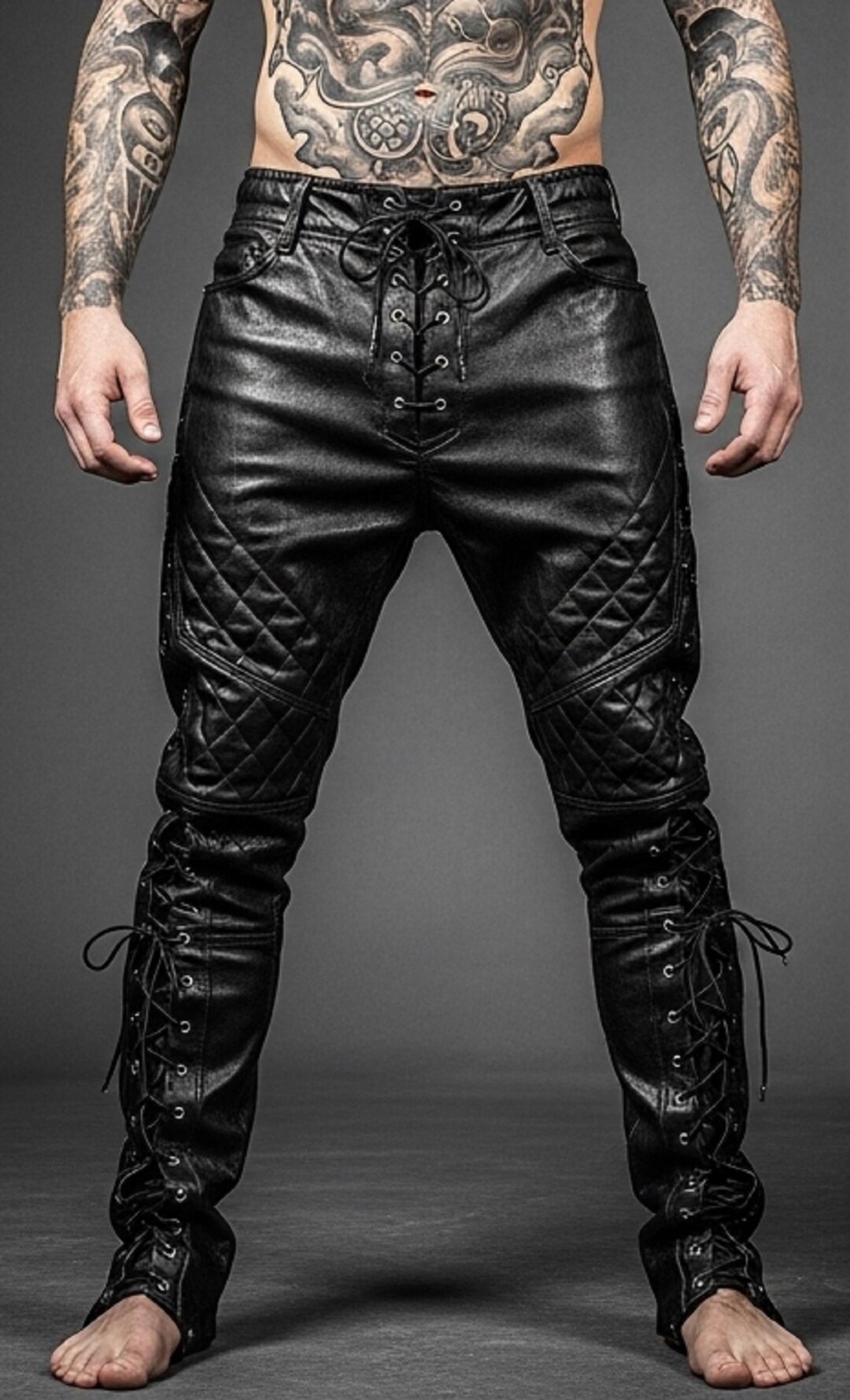 Men's Black Leather Lace up Pants - Viking Renaissance LARP Trousers ...