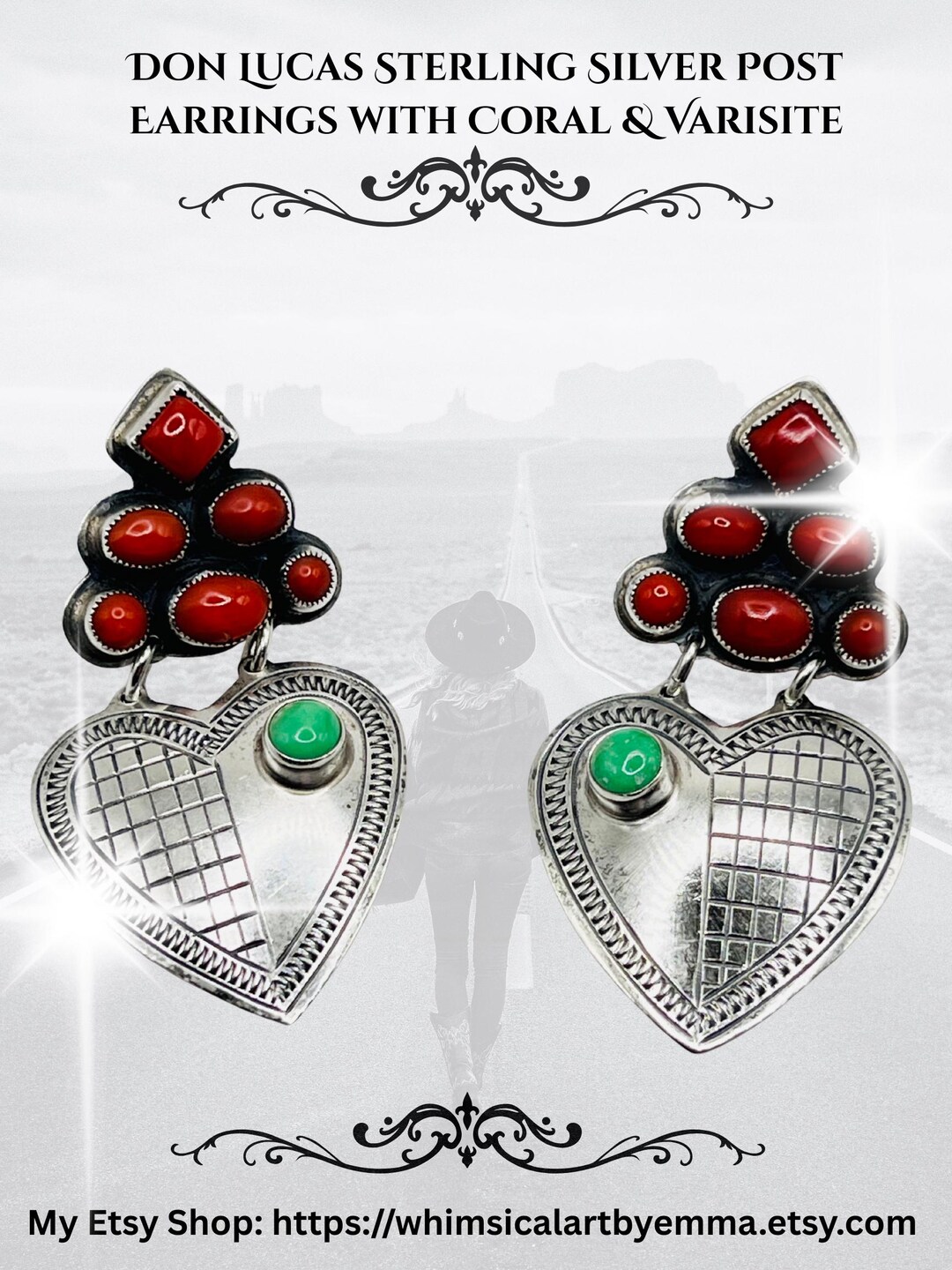 Don Lucas Signed Sterling Silver, Varisite & Coral Heart Dangle ...