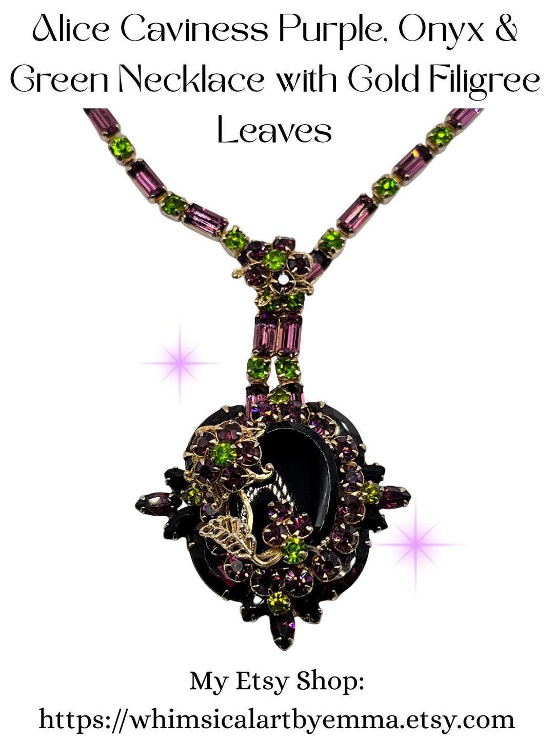 Alice Caviness Purple, Onyx, & Green Rhinestone Necklace With Metal ...