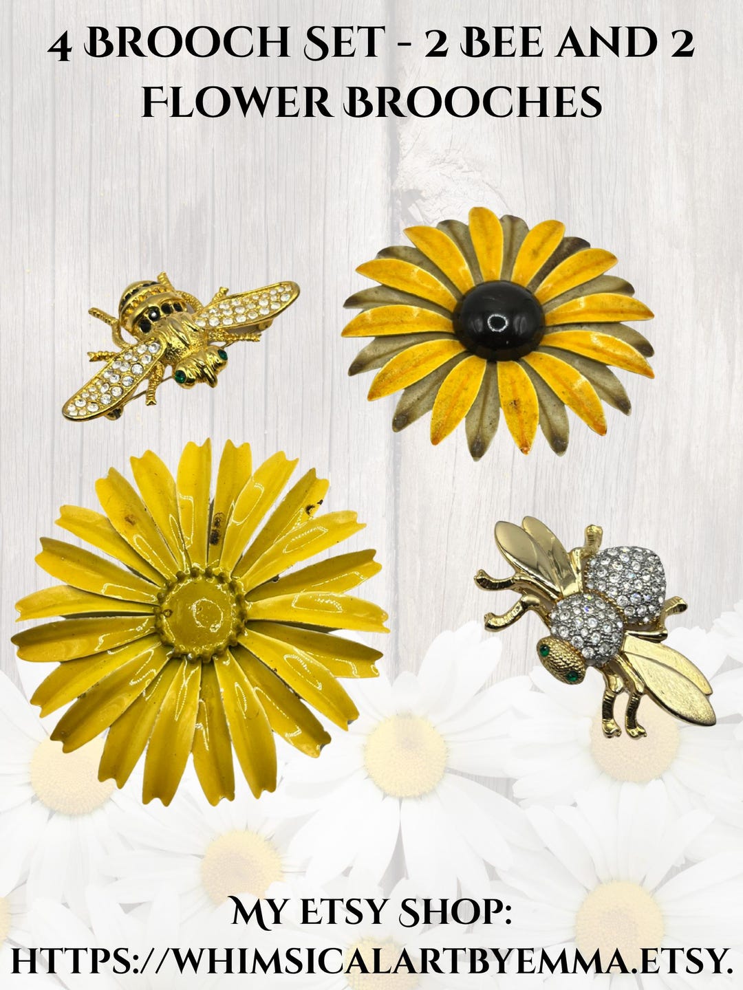 Set of 4 Brooches: 2 Rhinestone Bee Brooches and 2 Large Flower ...