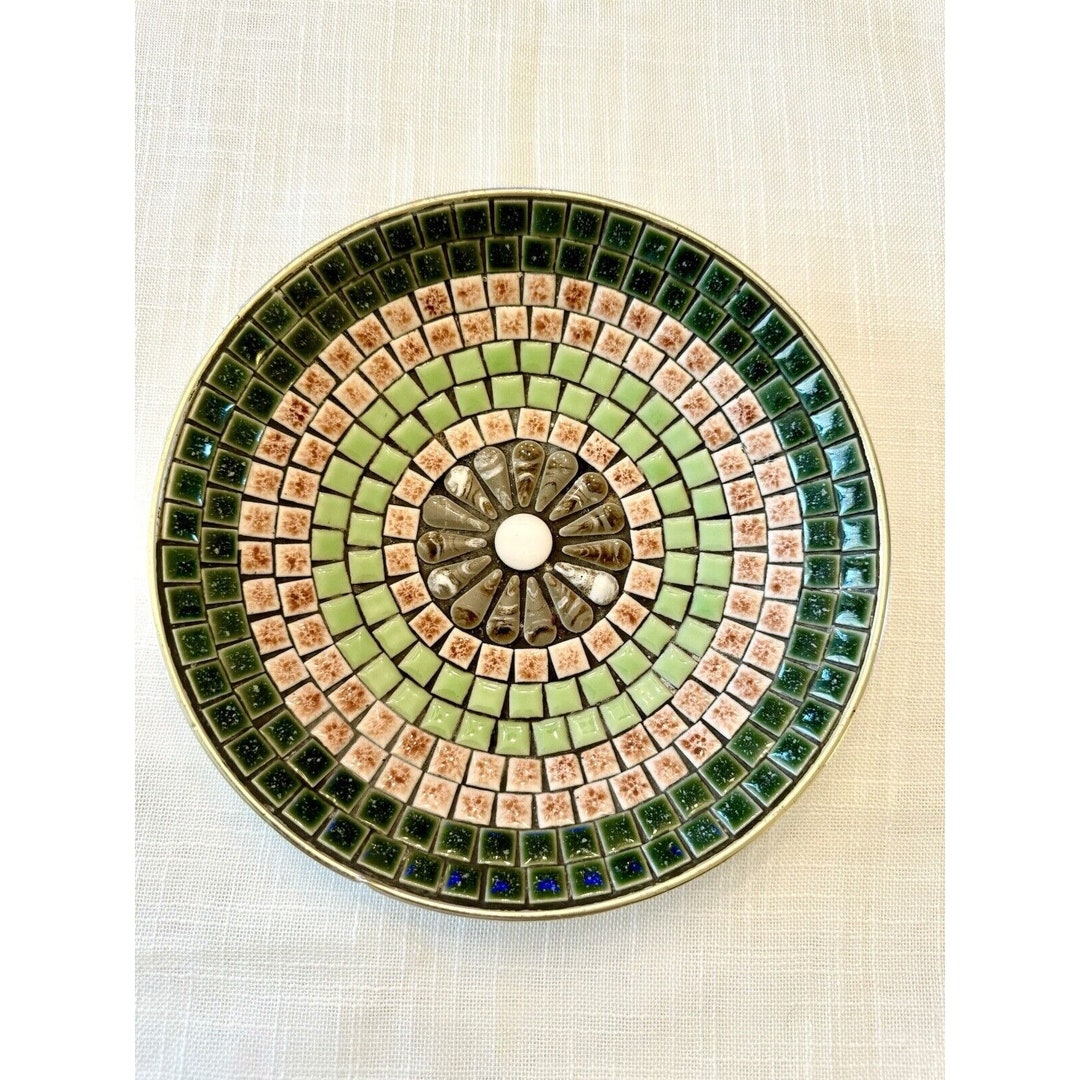 Vintage 1960s Mosaic Tile Plate MCM Green Pink Brass Gold Metal Base 8 ...