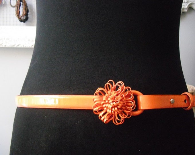 Vintage Orange Belt With Flower ... Leather M Thin Belt Skinny - Etsy