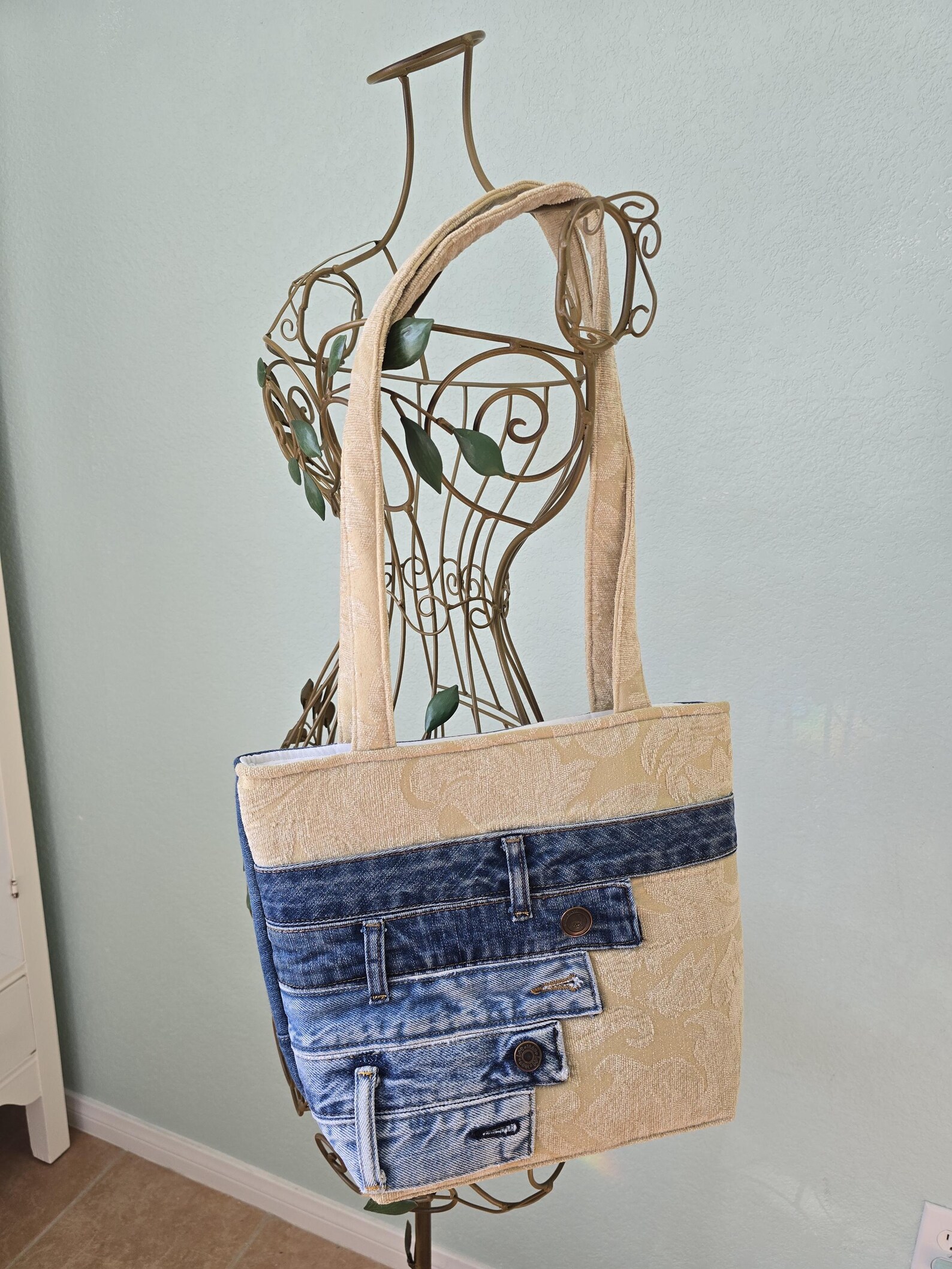 Unique, One of a Kind, Repurposed Blue Jeans & Upholstery Shoulder Bag ...