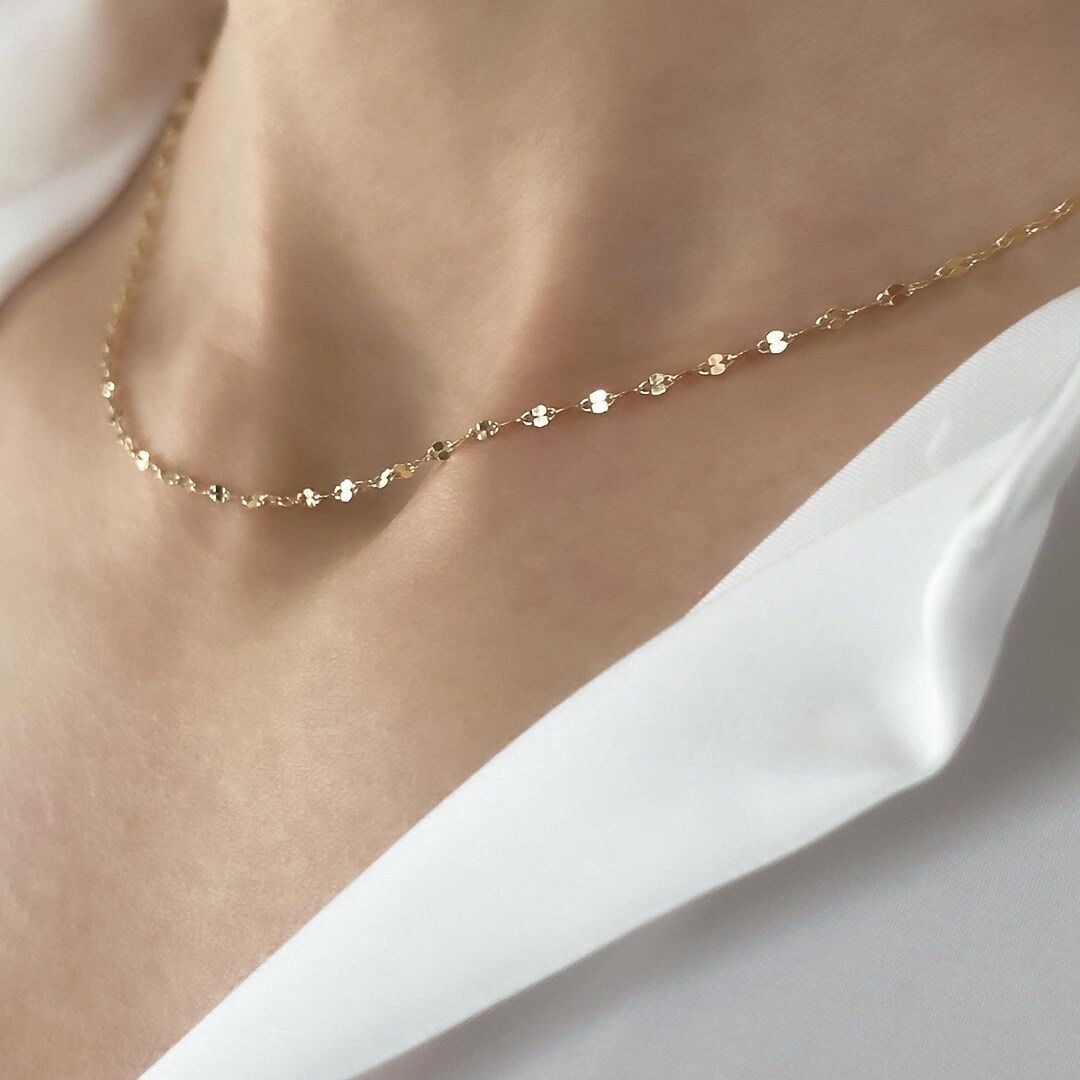 14K Gold Sequin Mirror Chain Necklace, Sparkle Glitter Chain Necklace, Dainty Mirror Chain ...