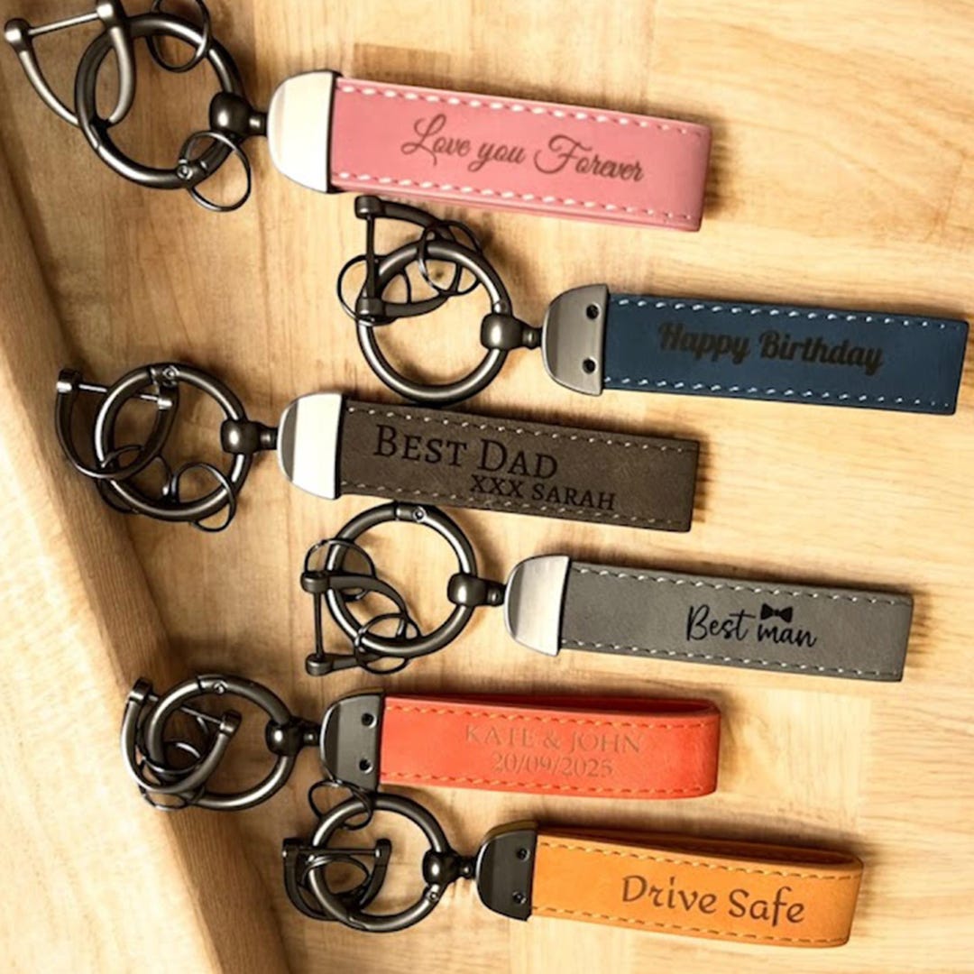 Custom Engraved PU Leather Keychain: 360 Swivel Keyring - Etsy UK