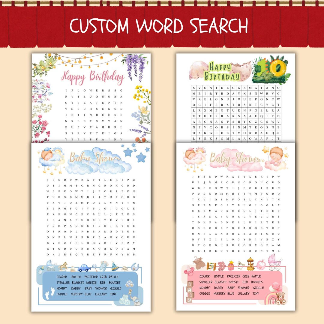 Custom Word Search Puzzle, Personalized Party Game, Baby Shower ...
