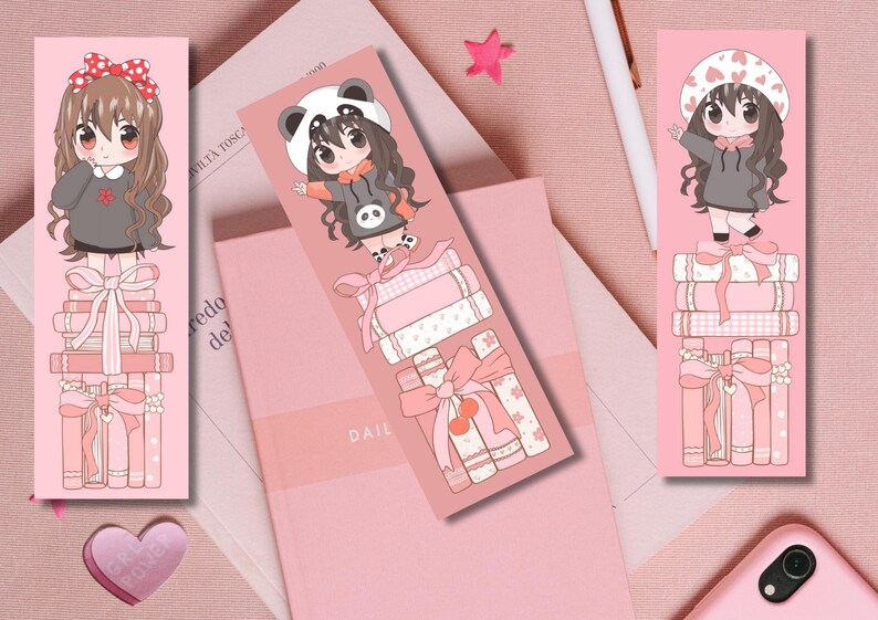 15 Cute Chibi Kids in Coquette Pink Bookmark | Digital Download JPG ...