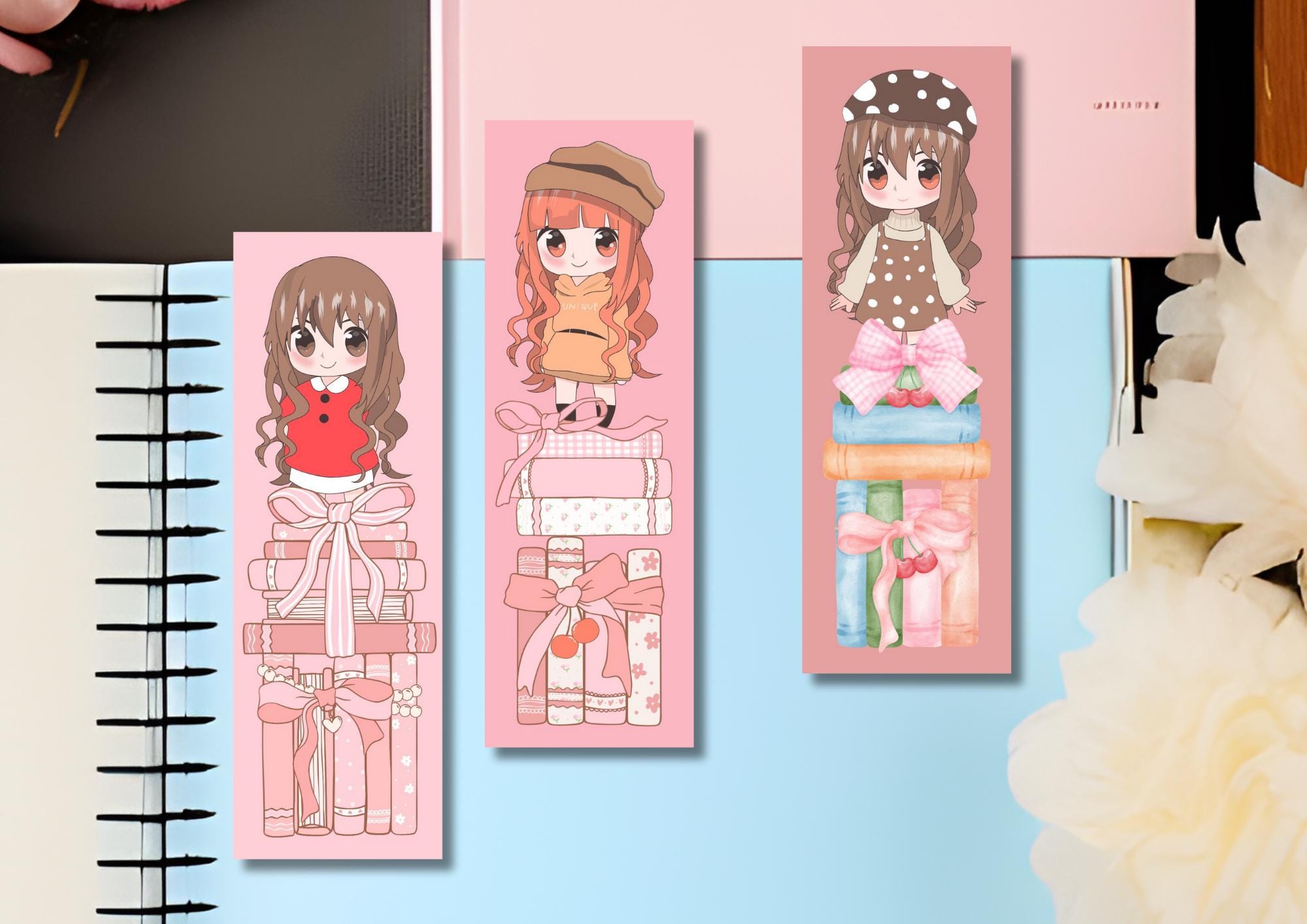 15 Cute Chibi Kids in Coquette Pink Bookmark | Digital Download JPG ...