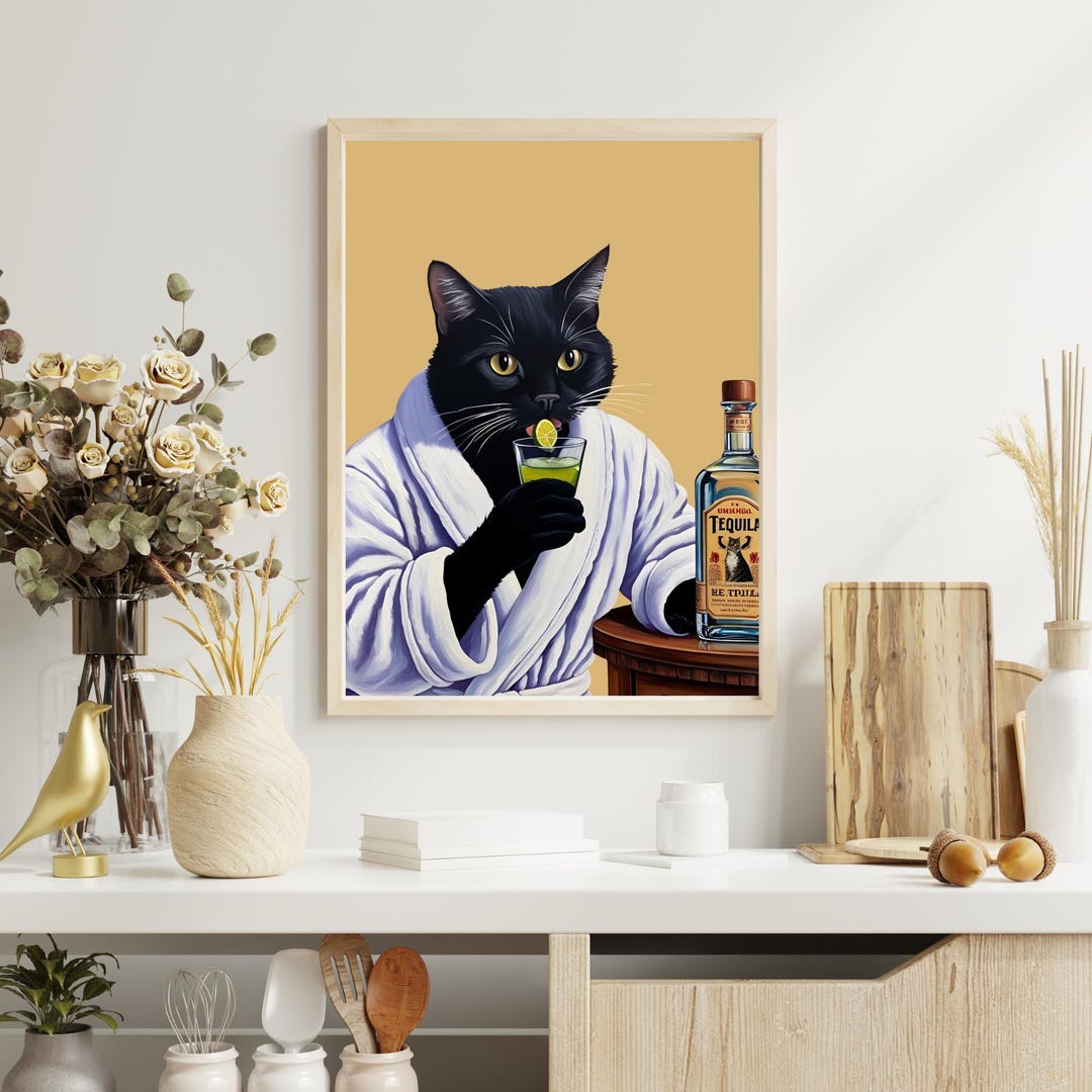 Black Cat Painting| Cat Sipping Tequila| Cat Wall Art| Cat Print | Cat ...