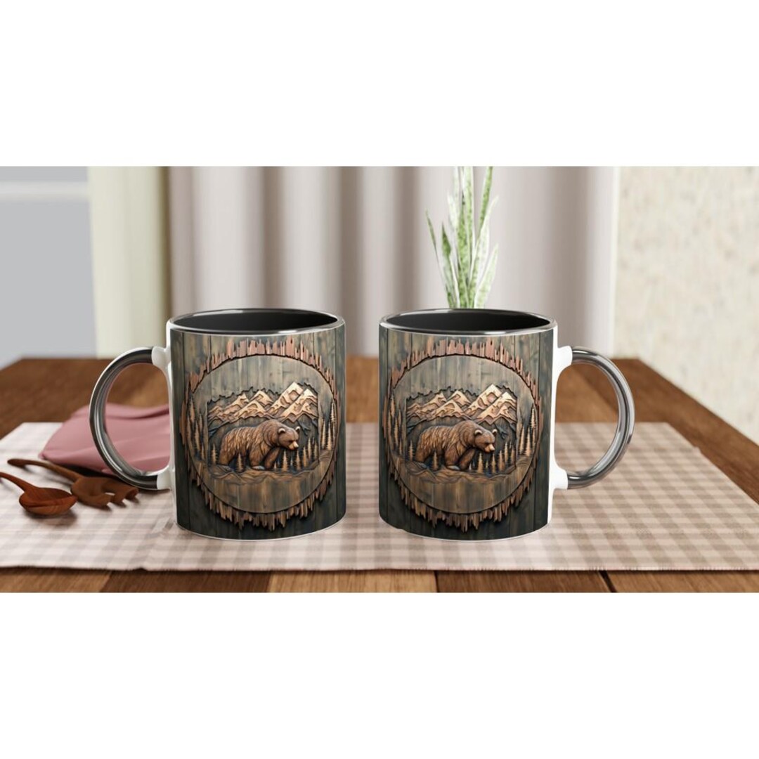 Rustic Grizzly Bear Wildlife Mug, White 11oz Ceramic Mug With Color ...