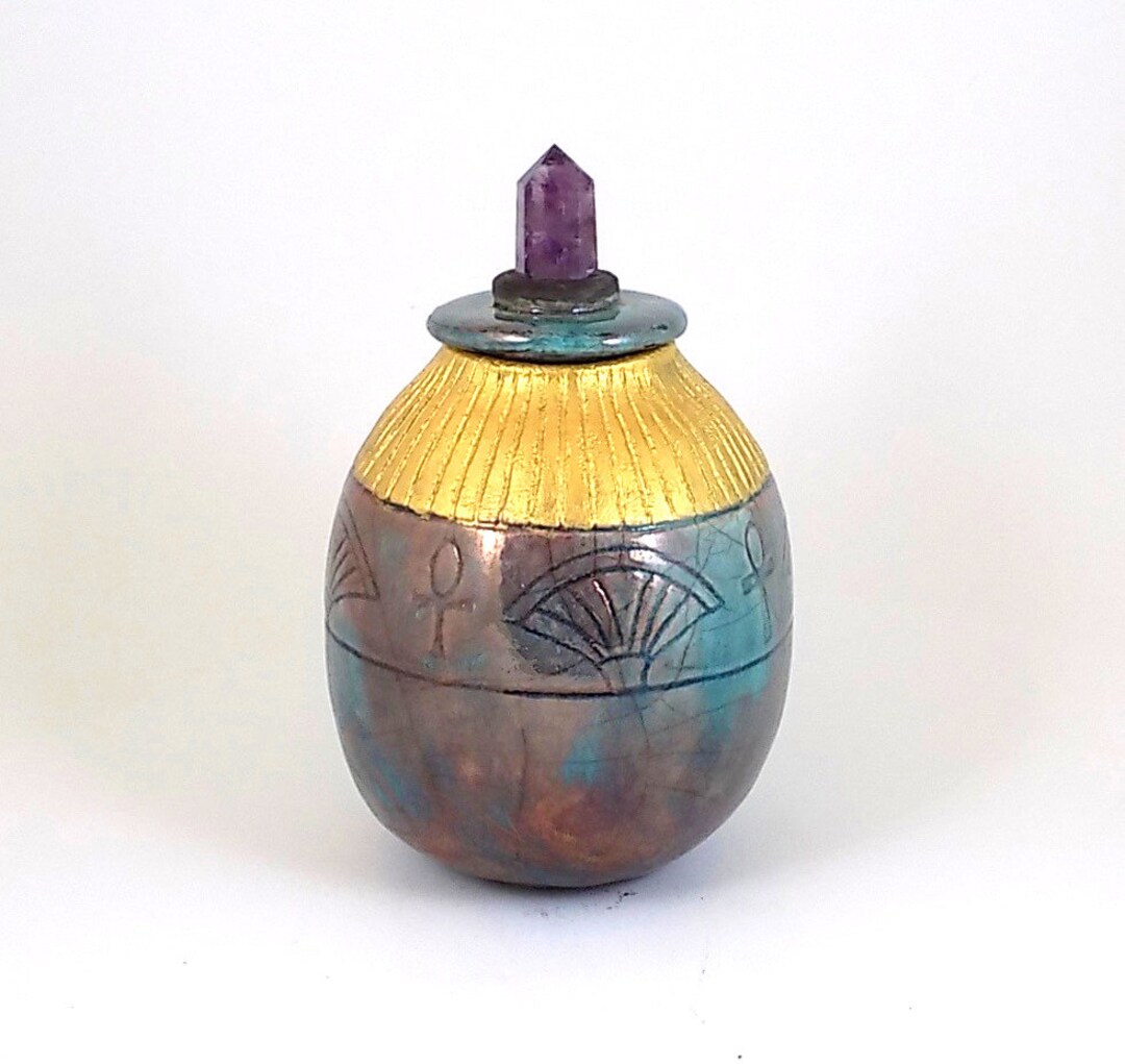 Coil Built Raku Teal Crackle With Ankh and Lotus Pot or Ash Urn - Etsy