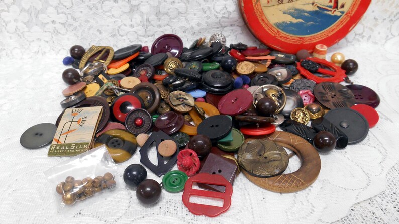 Amazing Collection of Very Vintage Bakelite Buttons & Notions in an Old ...