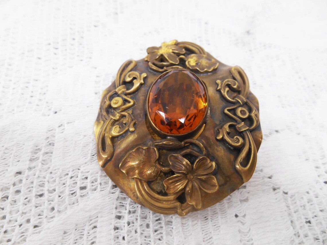 Large Vintage 1900's, Stylized Art Nouveau Brass and Topaz Kilt Pin or ...