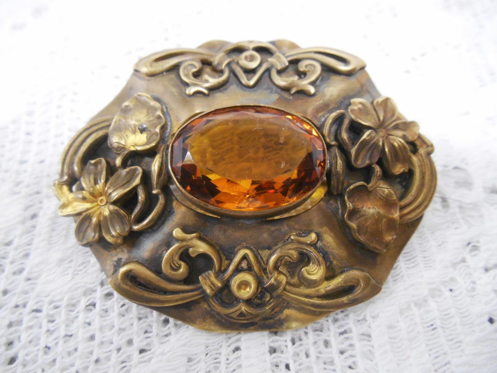 Large Vintage 1900's, Stylized Art Nouveau Brass and Topaz Kilt Pin or ...