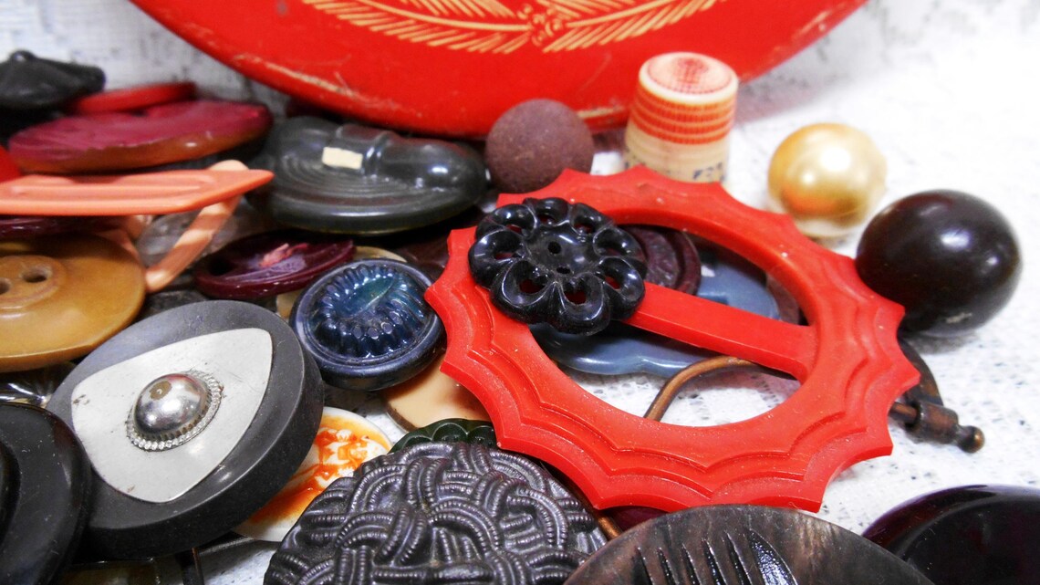 Amazing Collection of Very Vintage Bakelite Buttons & Notions in an Old ...