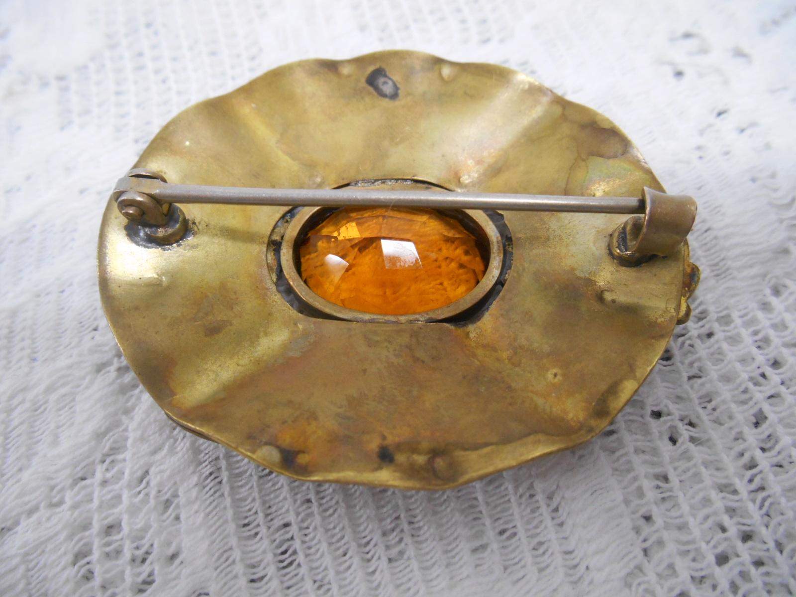 Large Vintage 1900's, Stylized Art Nouveau Brass and Topaz Kilt Pin or ...