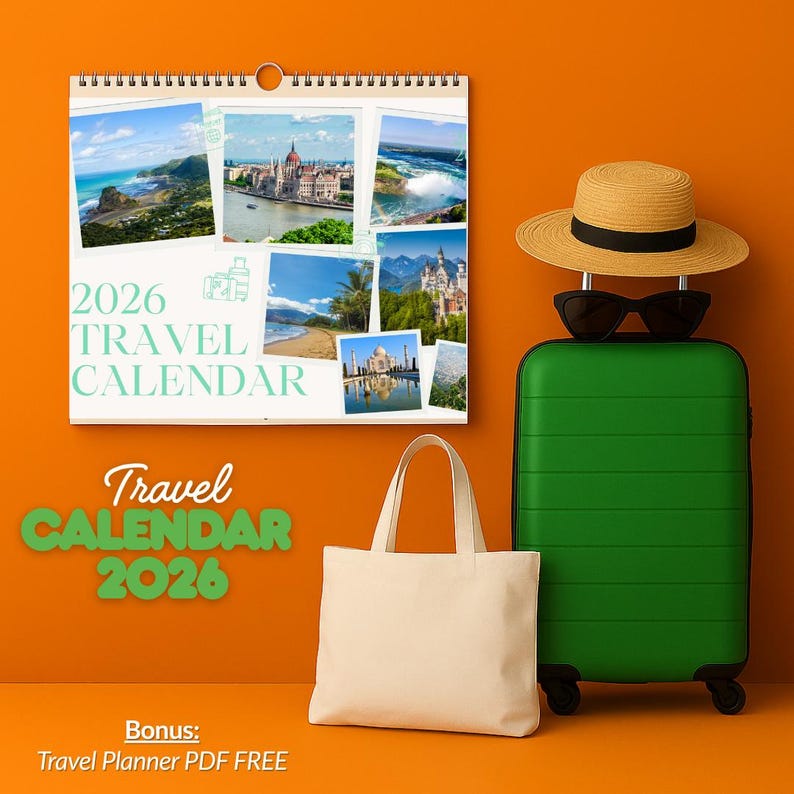 Travel Calendar 2026 - Green Digital Wall + Free Travel Planner PDF - Etsy