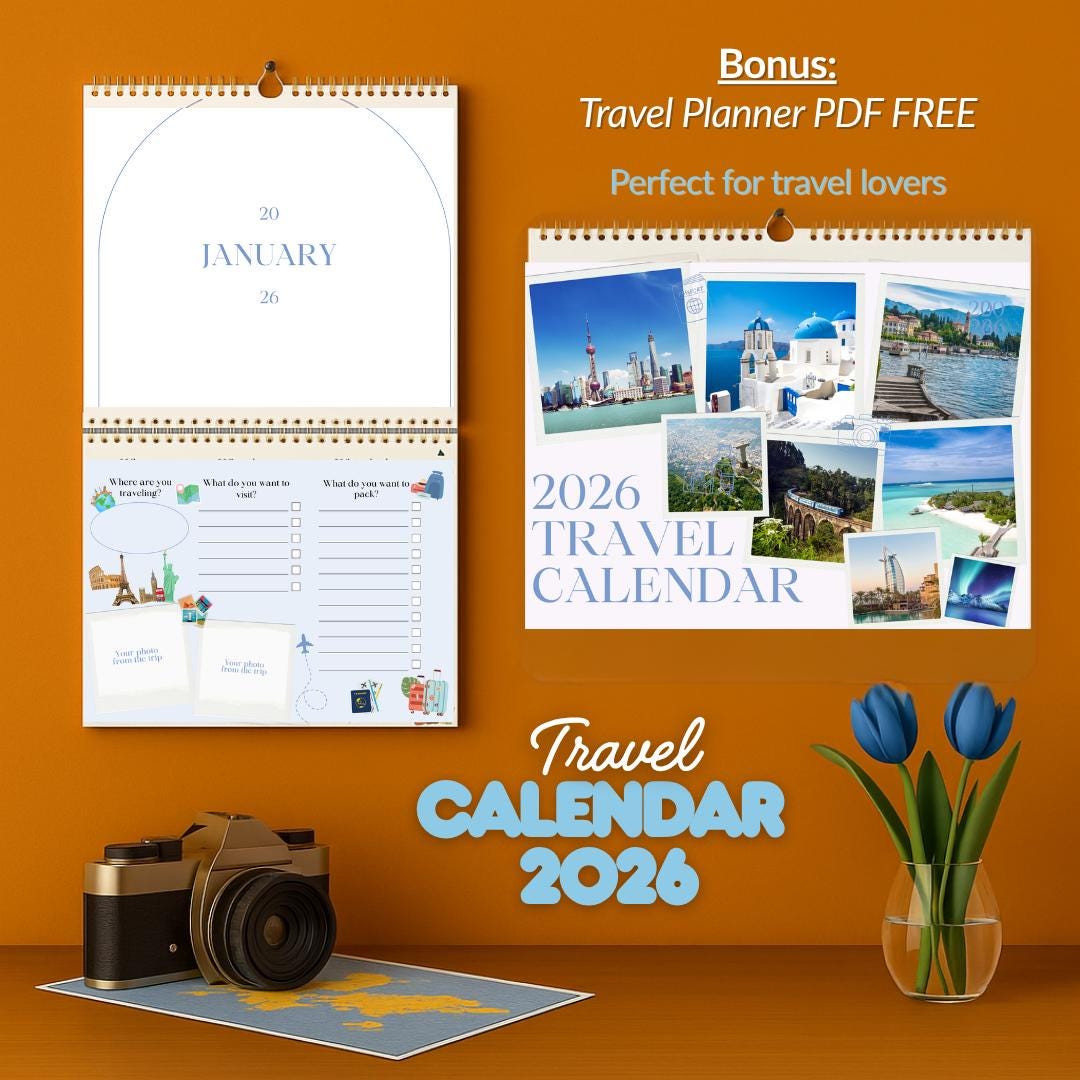 Travel Calendar 2026 – Blue Printable Wall + Free Travel Planner PDF - Etsy