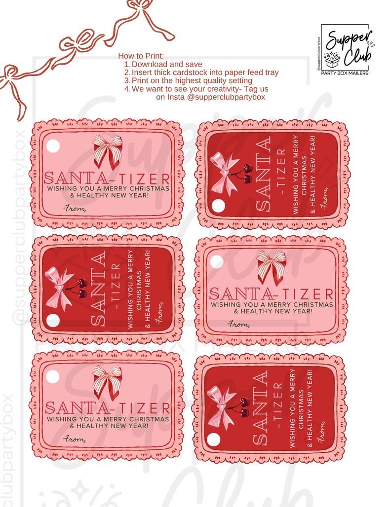 Cherry Bow Christmas Sanitizer Gift Tag Instant Download Holiday Girly ...