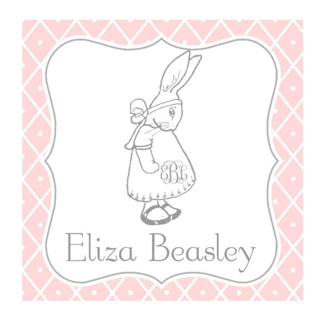 Pink Monogrammed Bunny Rabbit Sticker, Enclosure Card, Book Plate or ...