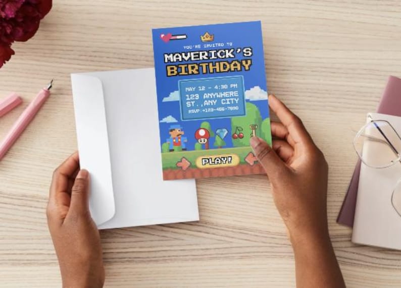 Super Mario Pixel Party Invitation | Retro Video Game Birthday Invite ...