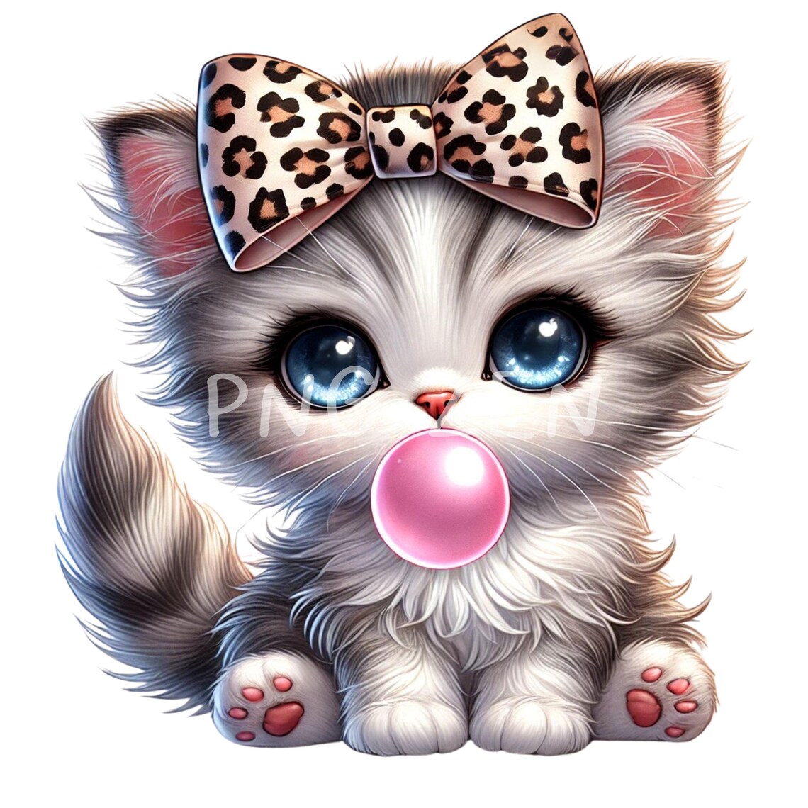 Kitten Clipart Bubble Gum Cute Leopard Print Cat PNG Messy Bun Design ...