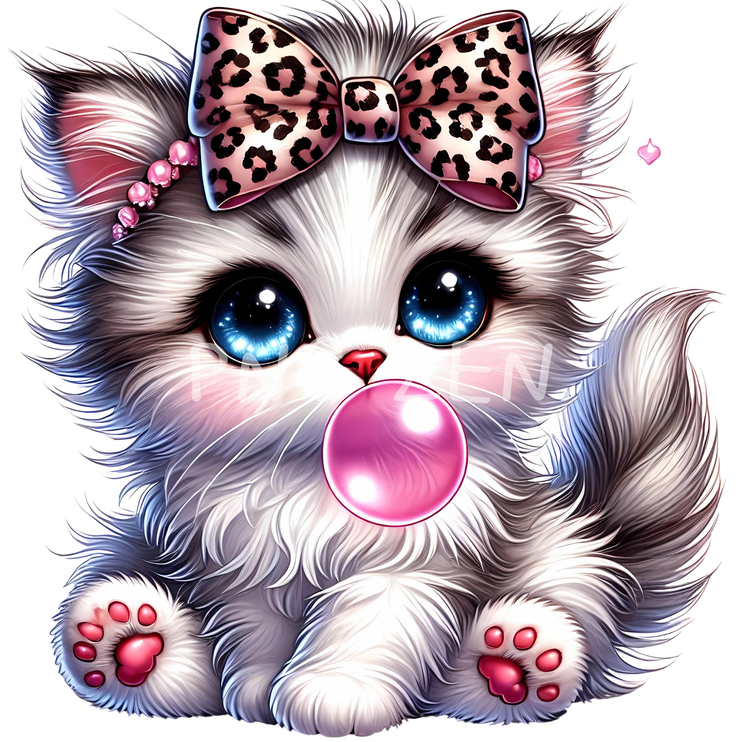 Kitten Clipart Bubble Gum Cute Leopard Print Cat PNG Messy Bun Design ...