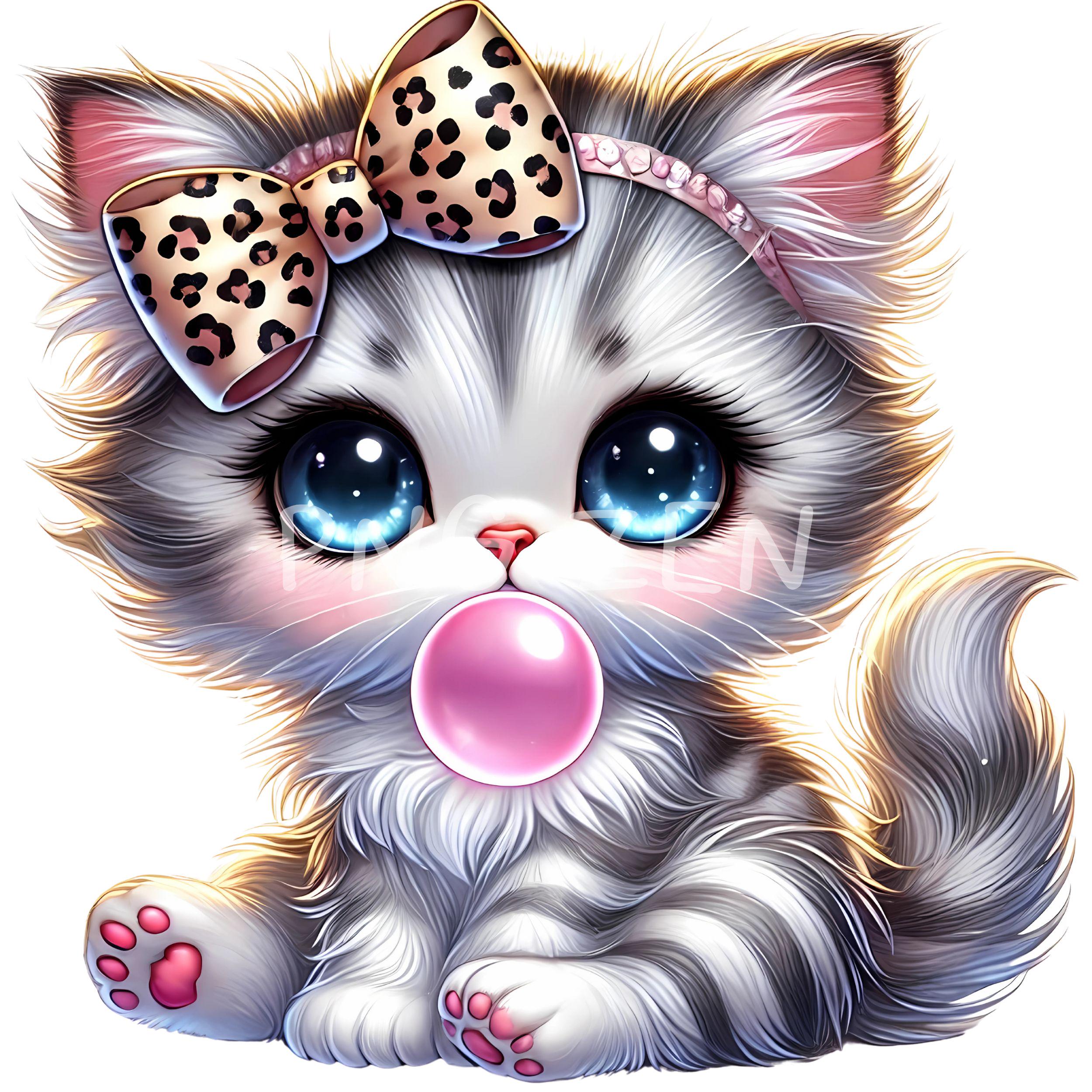 Kitten Clipart Bubble Gum Cute Leopard Print Cat PNG Messy Bun Design ...