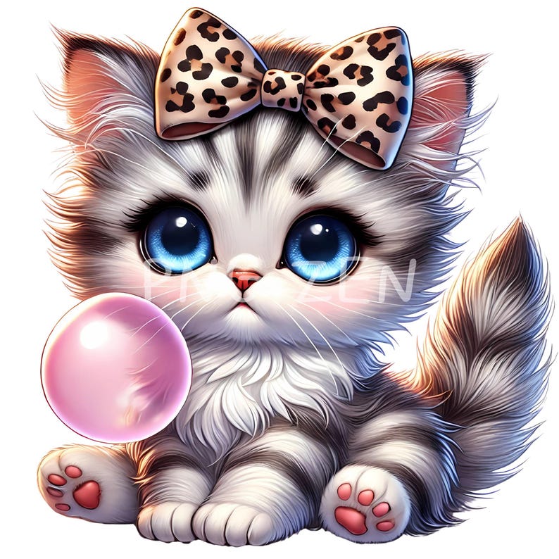 Kitten Clipart Bubble Gum Cute Leopard Print Cat PNG Messy Bun Design ...