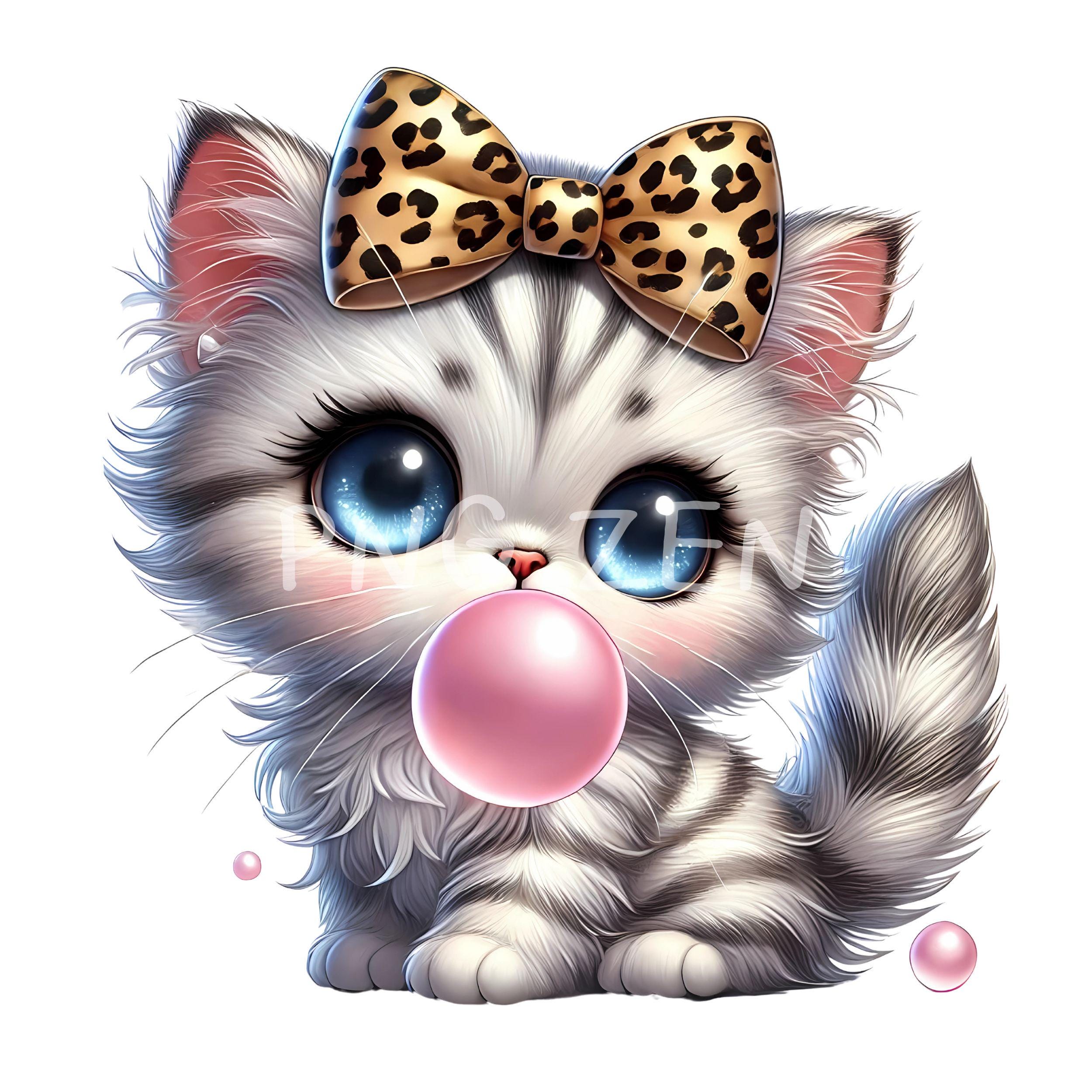 Kitten Clipart Bubble Gum Cute Leopard Print Cat PNG Messy Bun Design ...