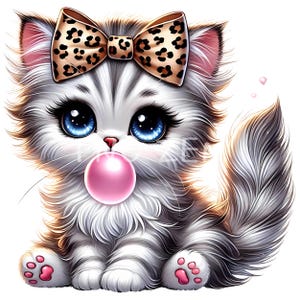 Kitten Clipart Bubble Gum Cute Leopard Print Cat PNG Messy Bun Design ...