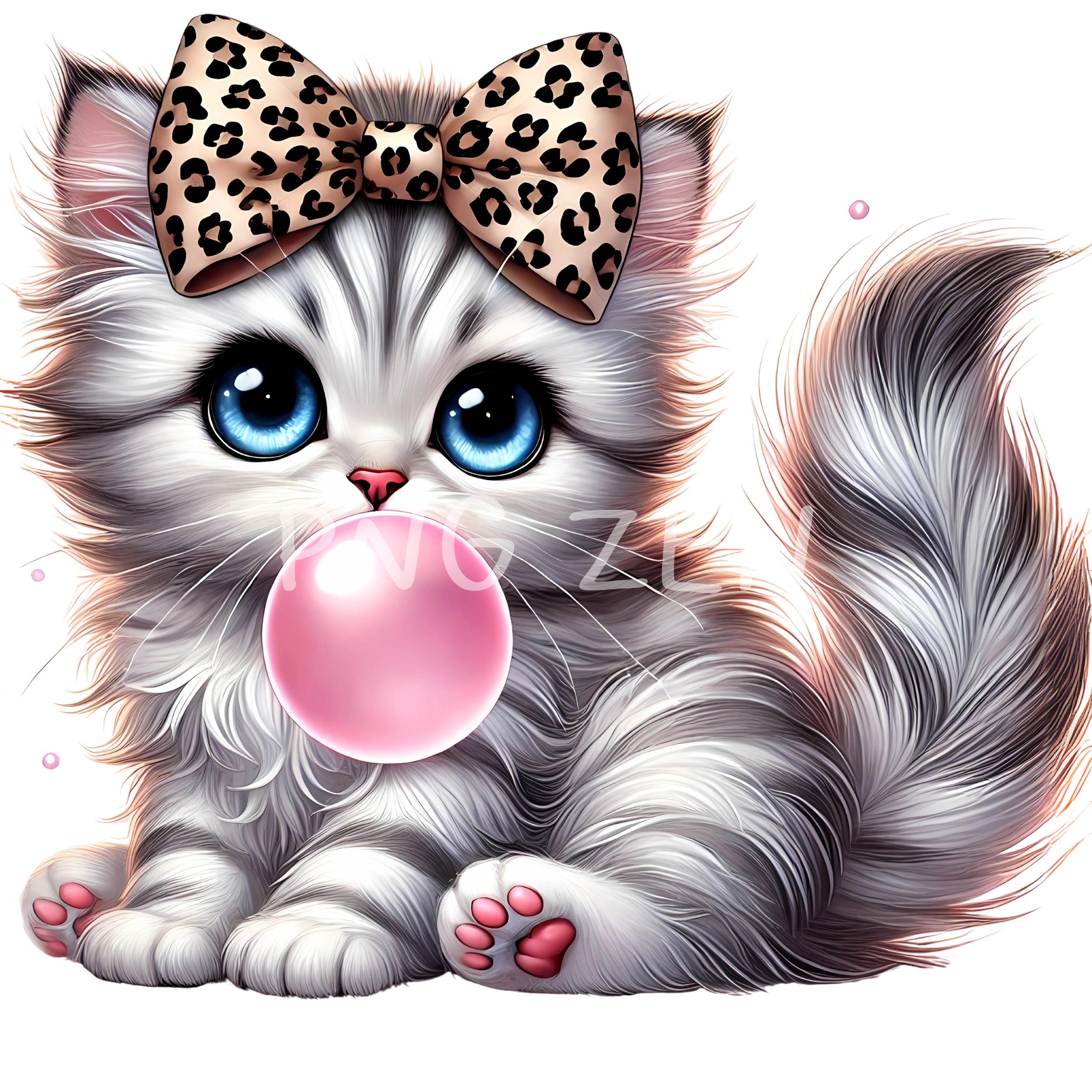 Kitten Clipart Bubble Gum Cute Leopard Print Cat PNG Messy Bun Design ...