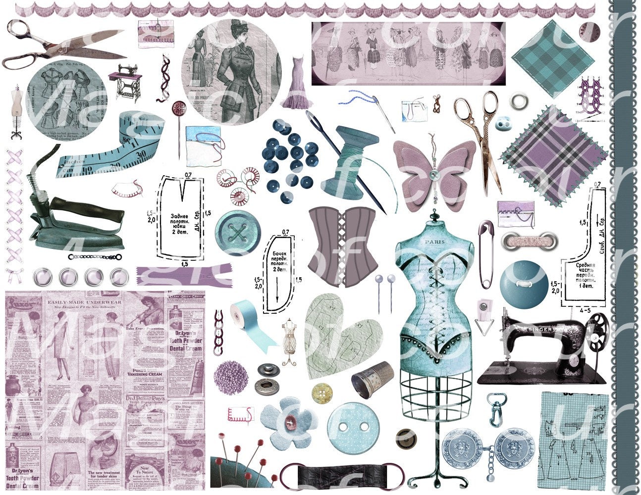 Digital Collage of Vintage Sewing Illustration - 50 JPG Images ...