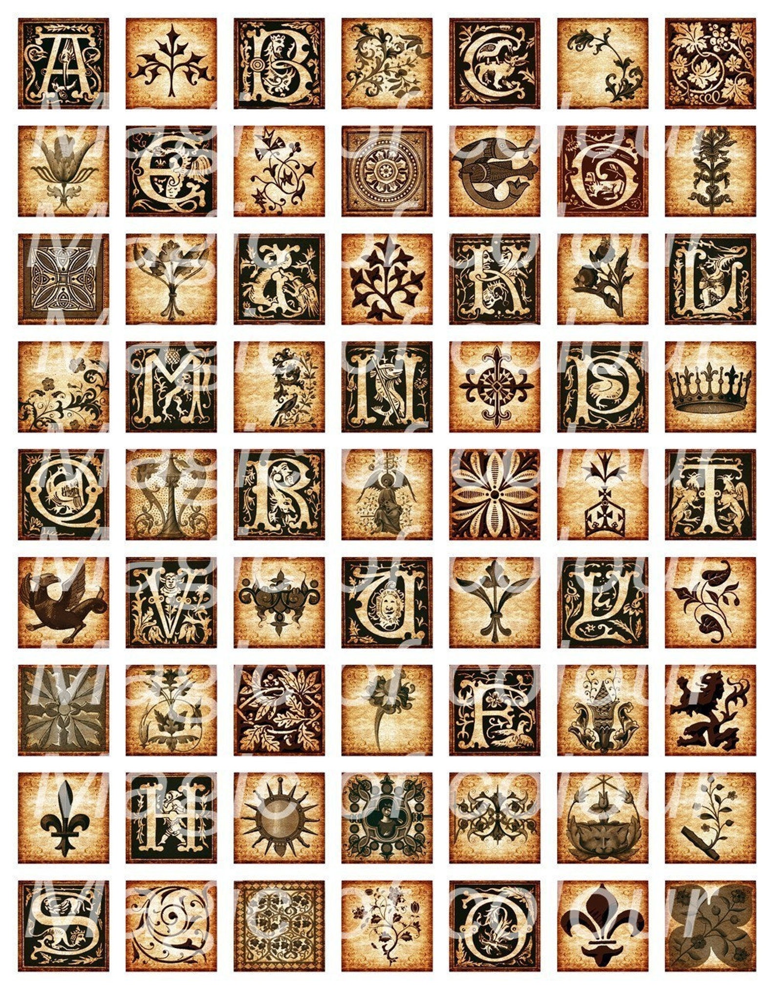 Digital Collage of Medieval Letter Images 63 1x1 Inch Square - Etsy