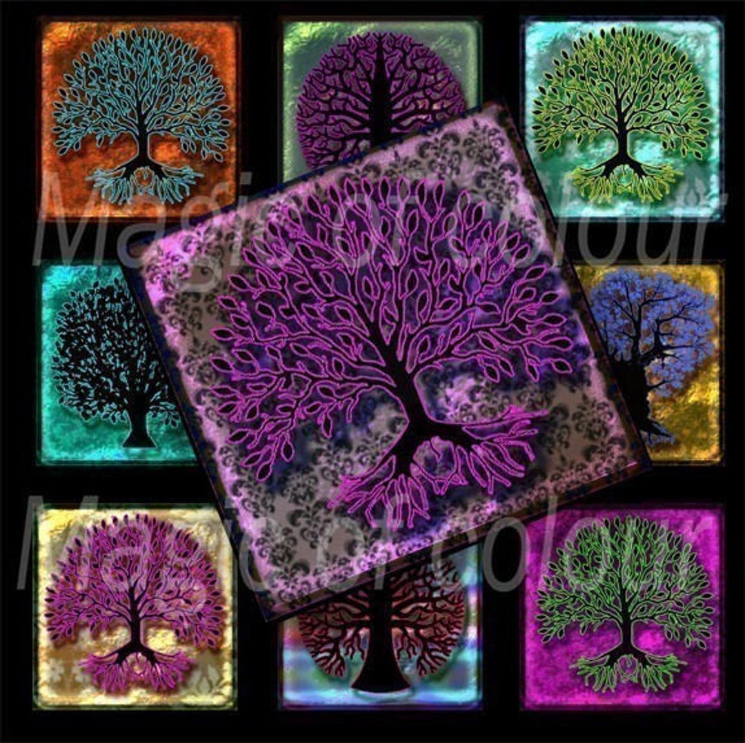 Stylized Colourful Trees 63 1x1 Inch Square JPG Images Digital Collage ...