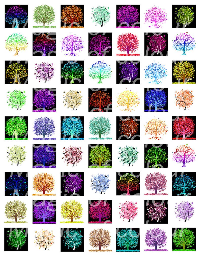 Colourful Trees - 63 1x1 Inch Square JPG Images - Digital Collage Sheet ...
