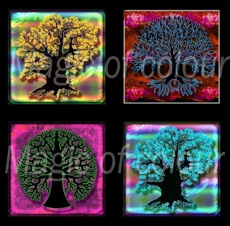Stylized Colourful Trees 63 1x1 Inch Square JPG Images Digital Collage ...