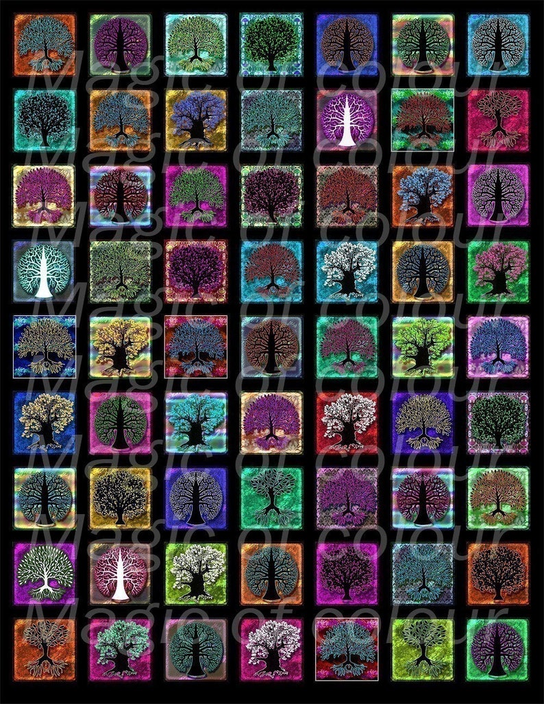 Stylized Colourful Trees 63 1x1 Inch Square JPG Images Digital Collage ...