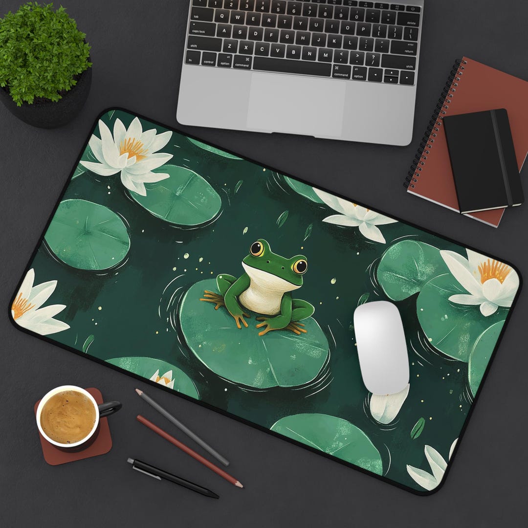Frog Pond Desk Mat, Lily Pad Mouse Pad, Cute Office Decor, Animal Lover ...