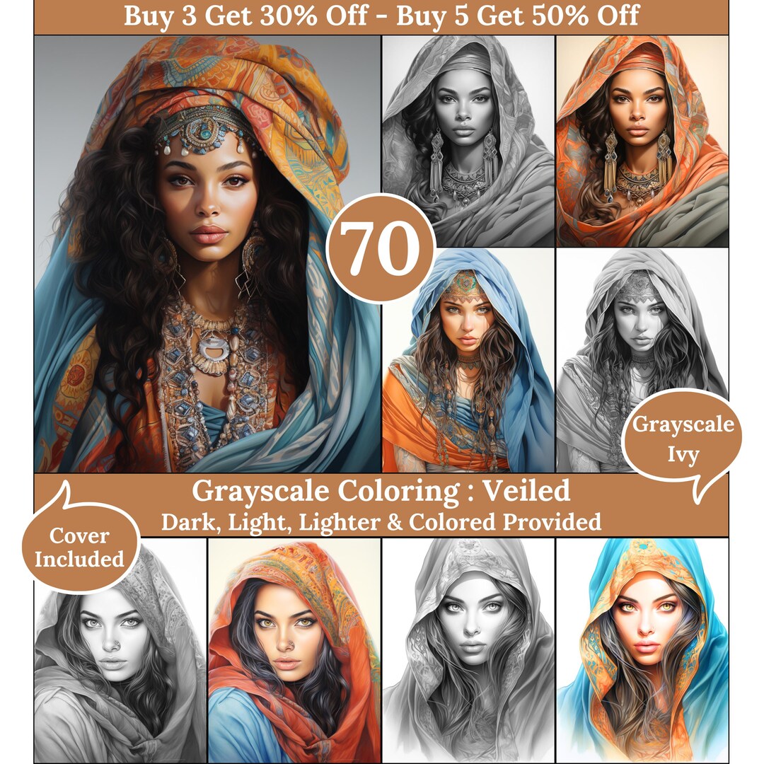 Veiled, 70 Coloring Pages, Stress Relief, Grayscale Drawings, Dark ...