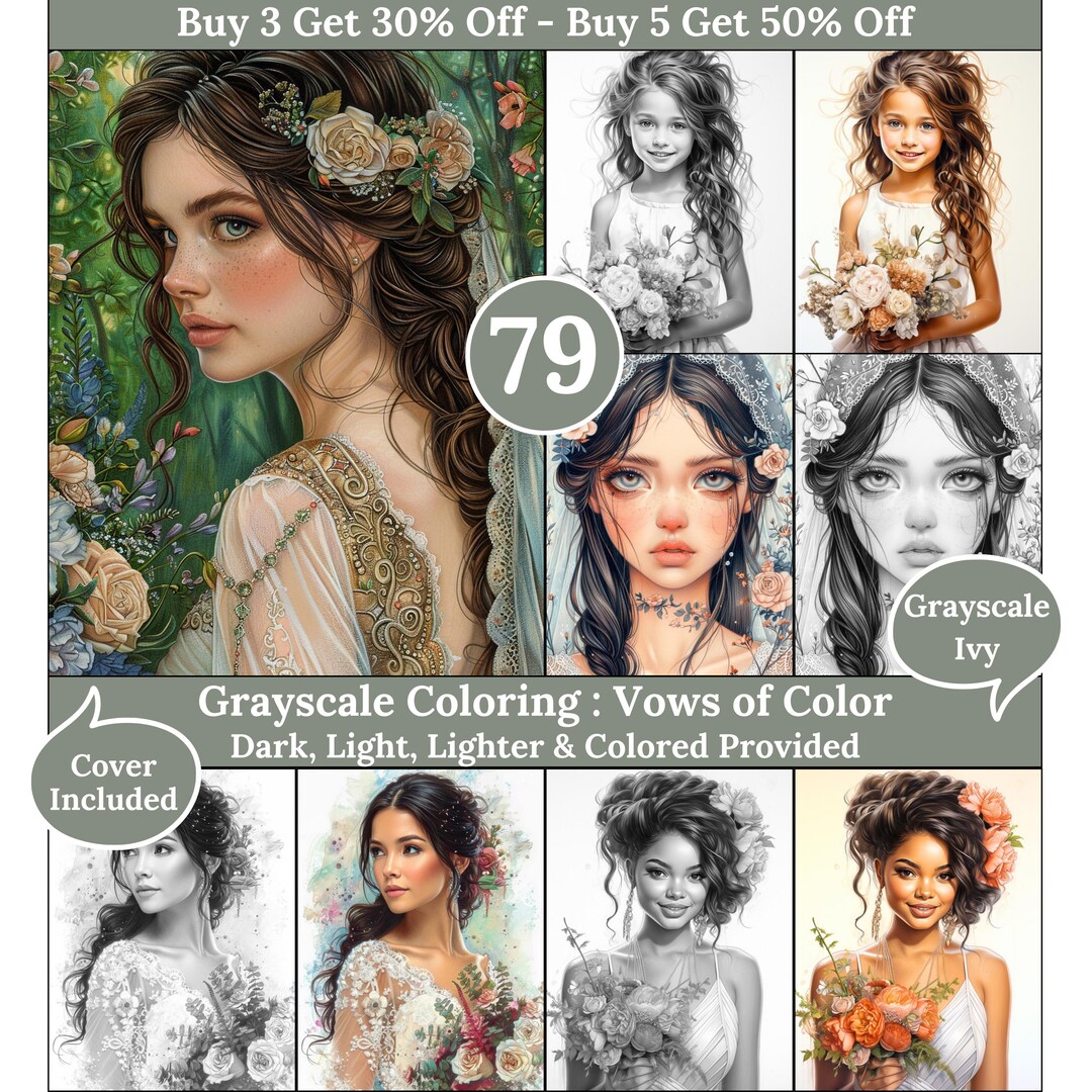 Vows of Color, 79 Grayscale Coloring Pages, Blooming Bride Portraits ...