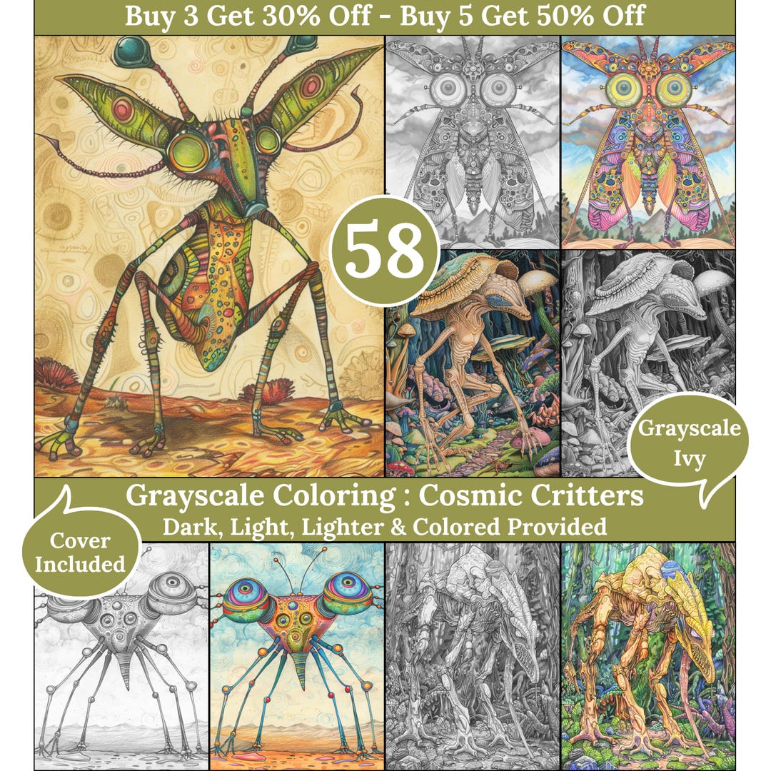Cosmic Critters, 58 Coloring Pages, Stress Relief, Grayscale Drawings ...