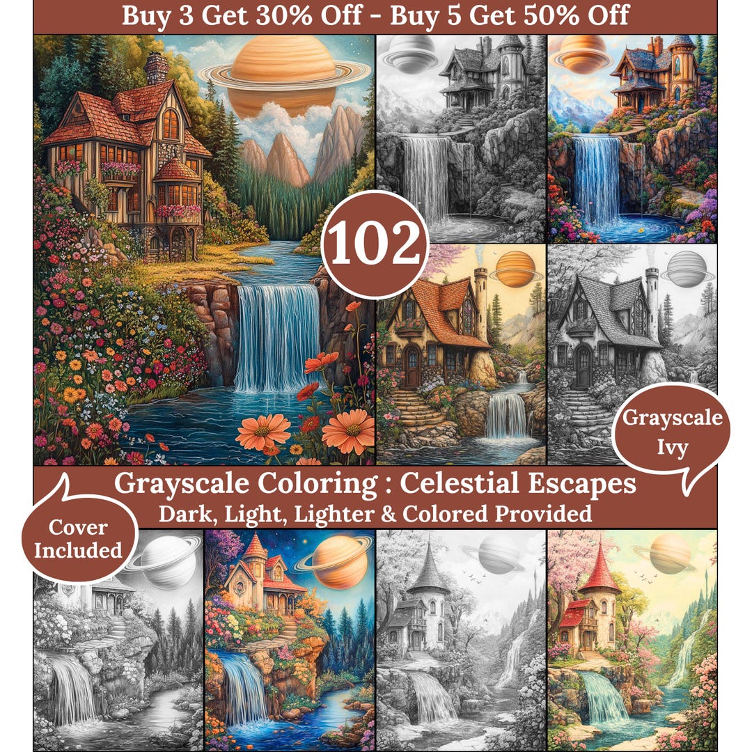 Celestial Escapes, 102 Coloring Pages, Stress Relief, Grayscale Drawings, Dark, Light, Lighter ...
