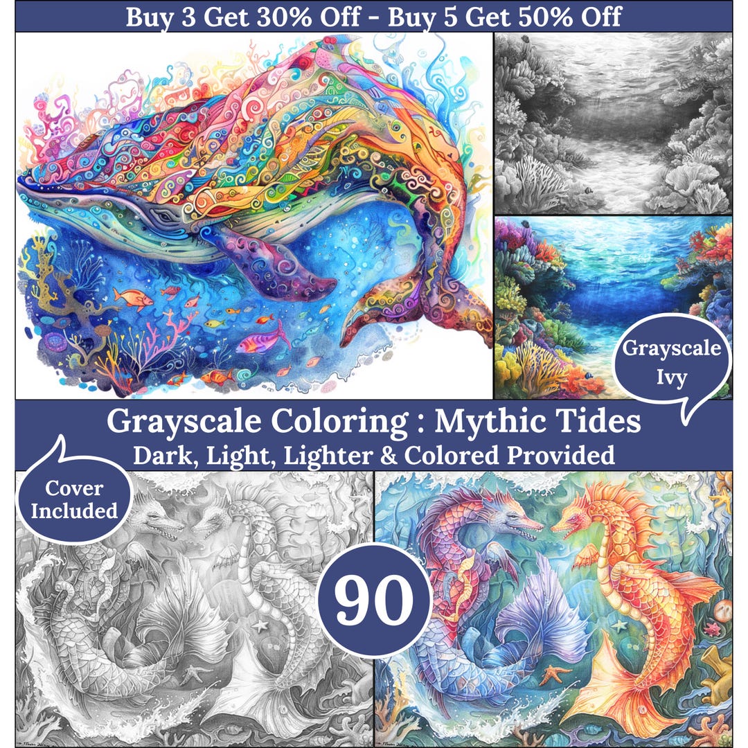 Mythic Tides, 90 Coloring Pages, Grayscale Drawings, Dark Light Lighter ...
