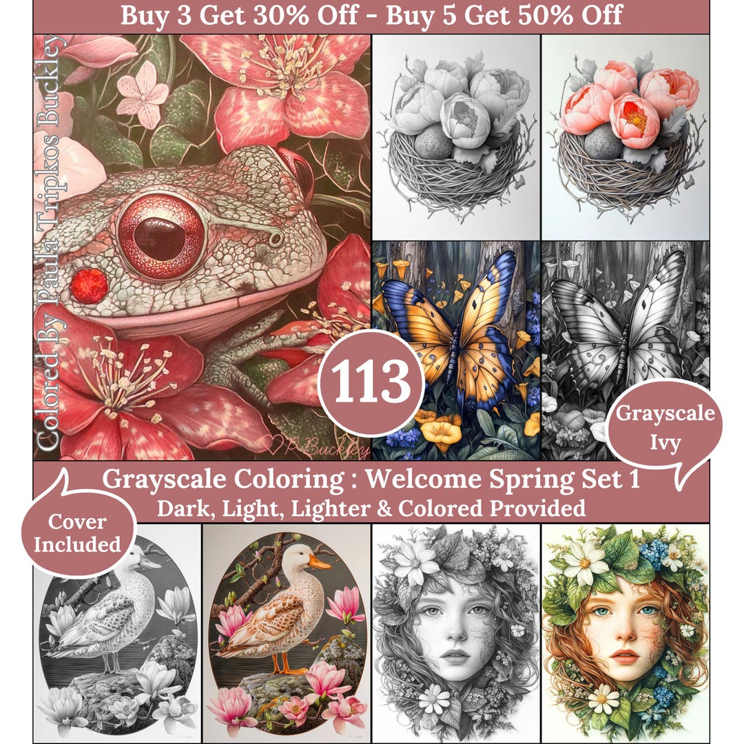 Welcome Spring Set 1, 113 Coloring Pages, Grayscale Drawings, Dark ...