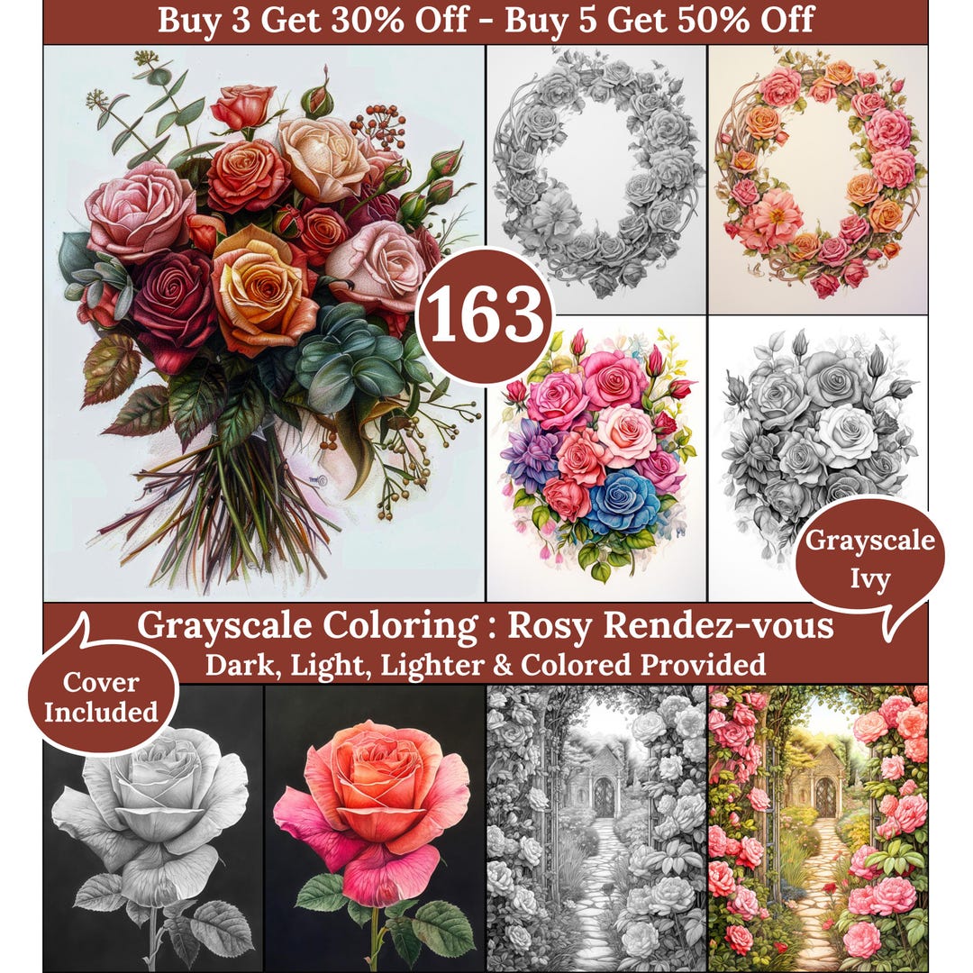 Rosy Rendez-vous, 163 Coloring Pages, Stress Relief, Grayscale Drawings ...