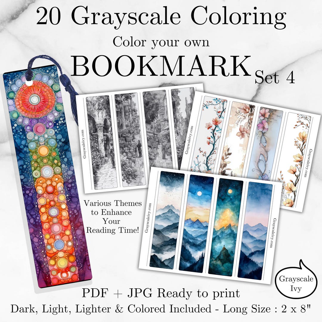 Color Your Own Bookmark Set 4, 20 Grayscale Coloring, PDF and JPG Ready ...