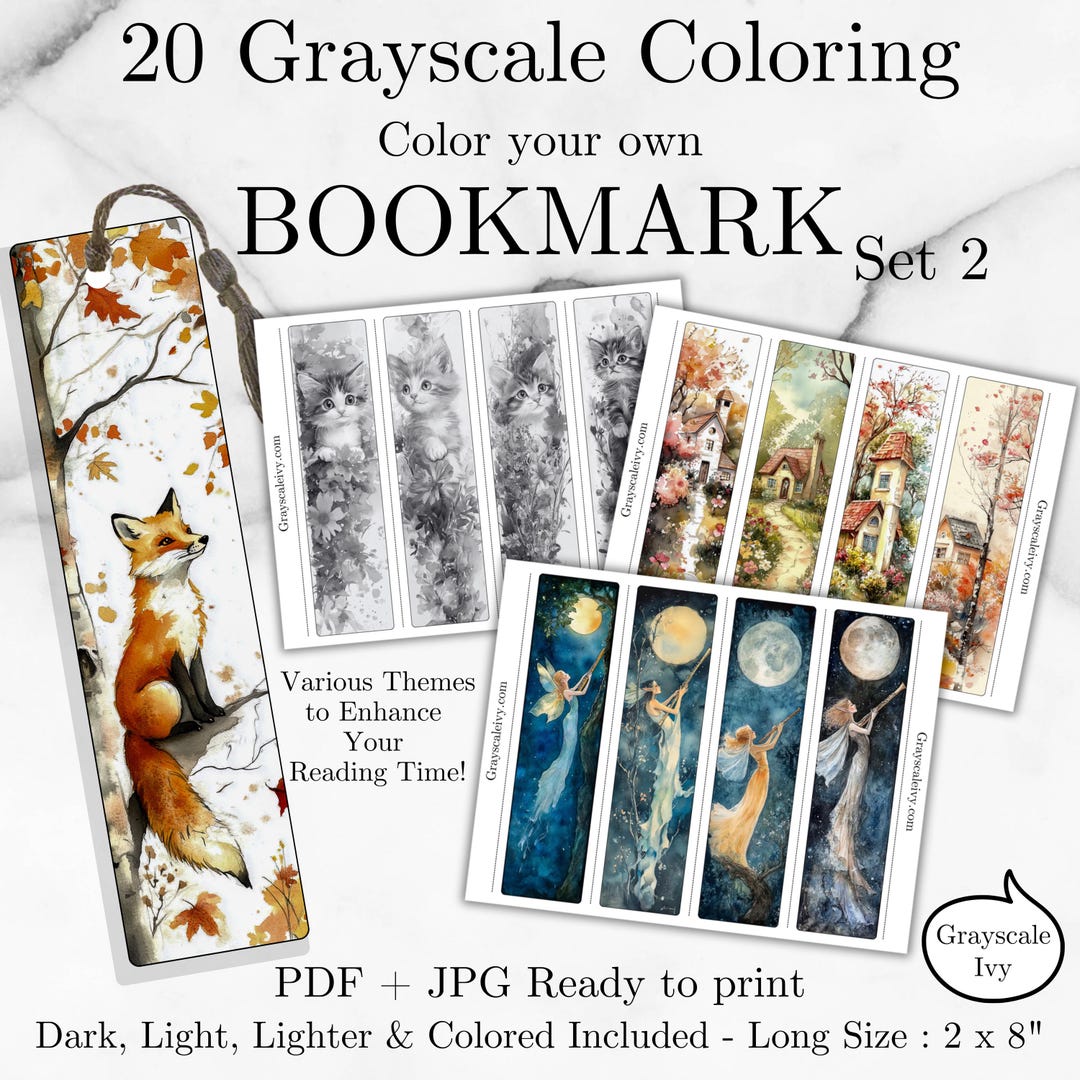 Color Your Own Bookmark Set 2, 20 Grayscale Coloring, PDF and JPG Ready ...